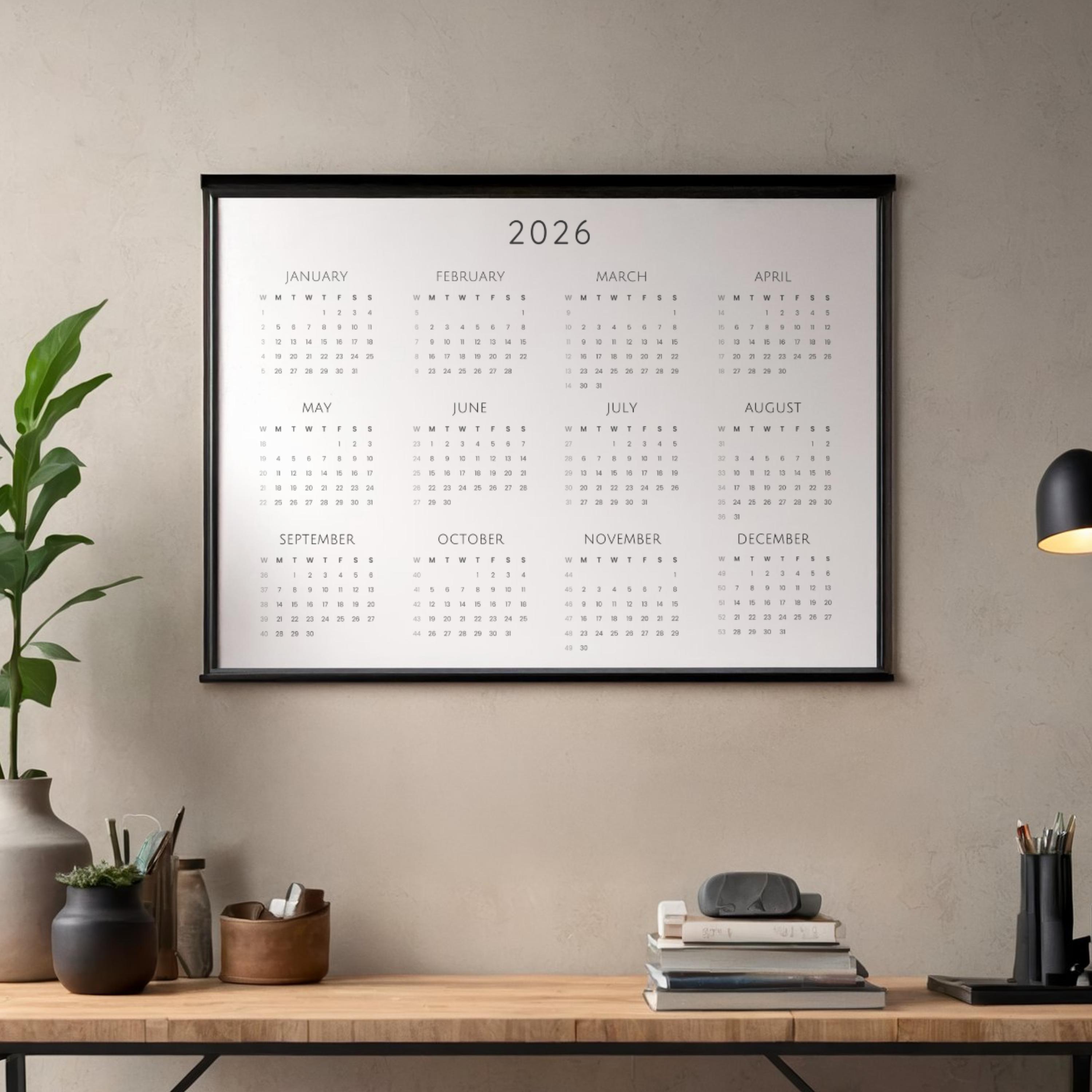 2026 Yearly Calendar | A5, A4, A3, A2, A1, US Letter, Tabloid | Monday ...