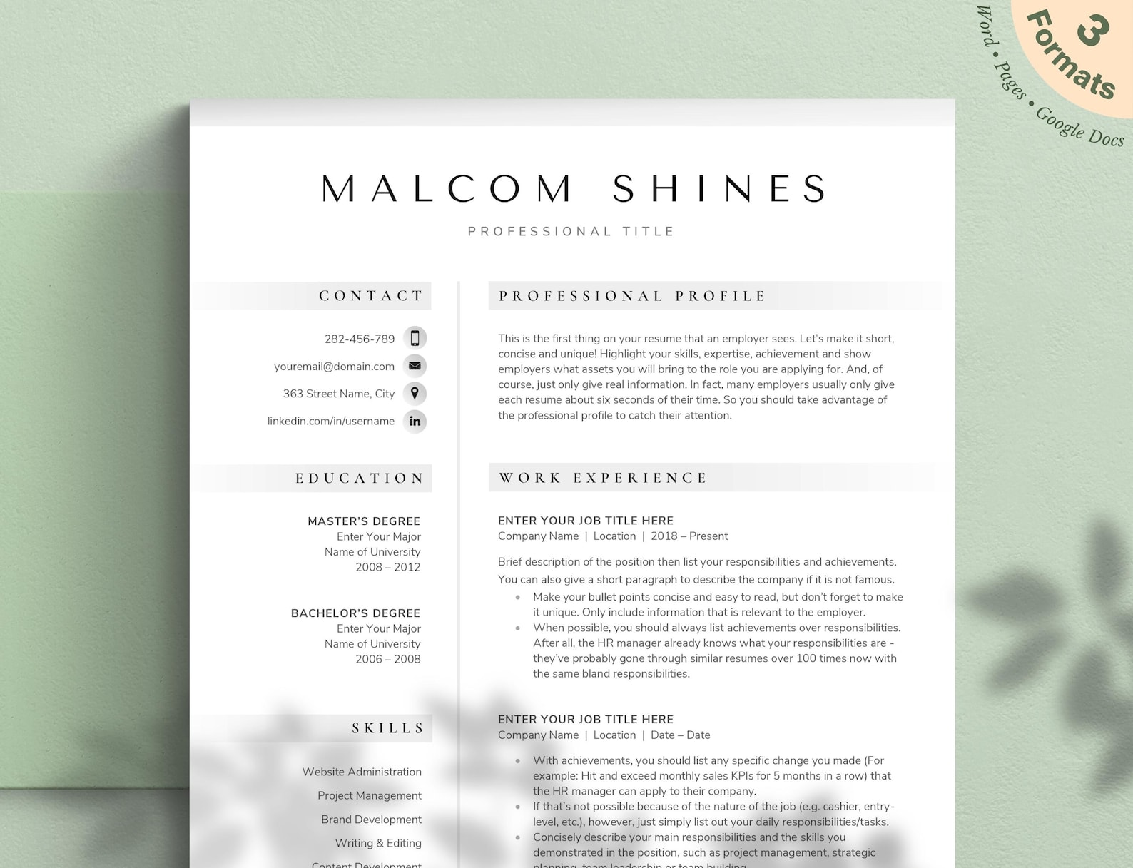 Modern Resume Template, CV Design for Word, Pages, Google Docs - Etsy