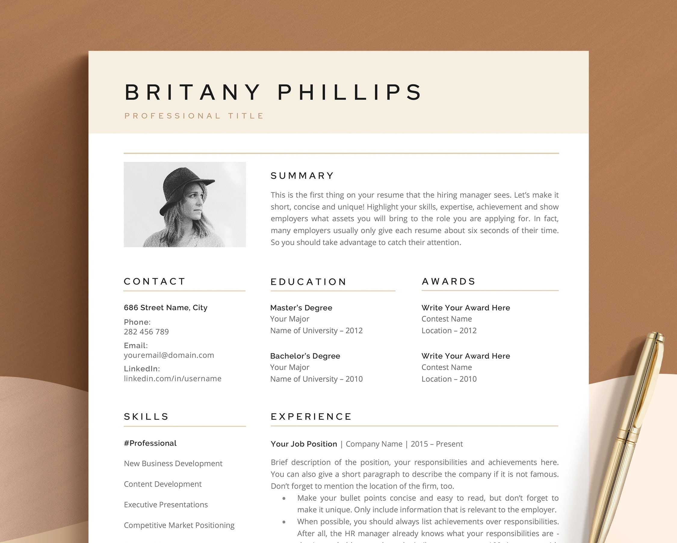 Headshot Resume Template for Word & Pages Professional Resume With ...