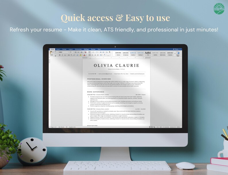 ATS Resume Template: Minimalist CV for Word, Pages, Google Docs (cover ...