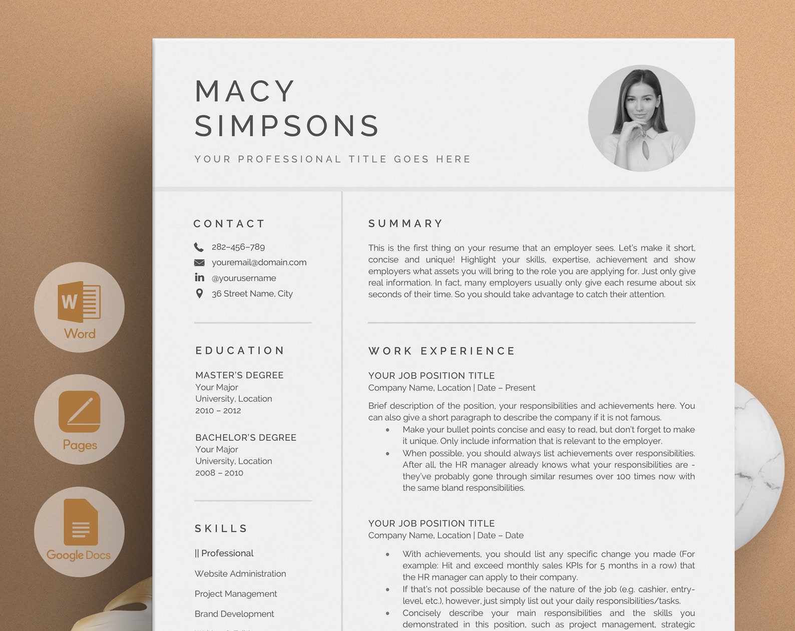Modern Resume Template for Google Docs Word Pages Resume - Etsy