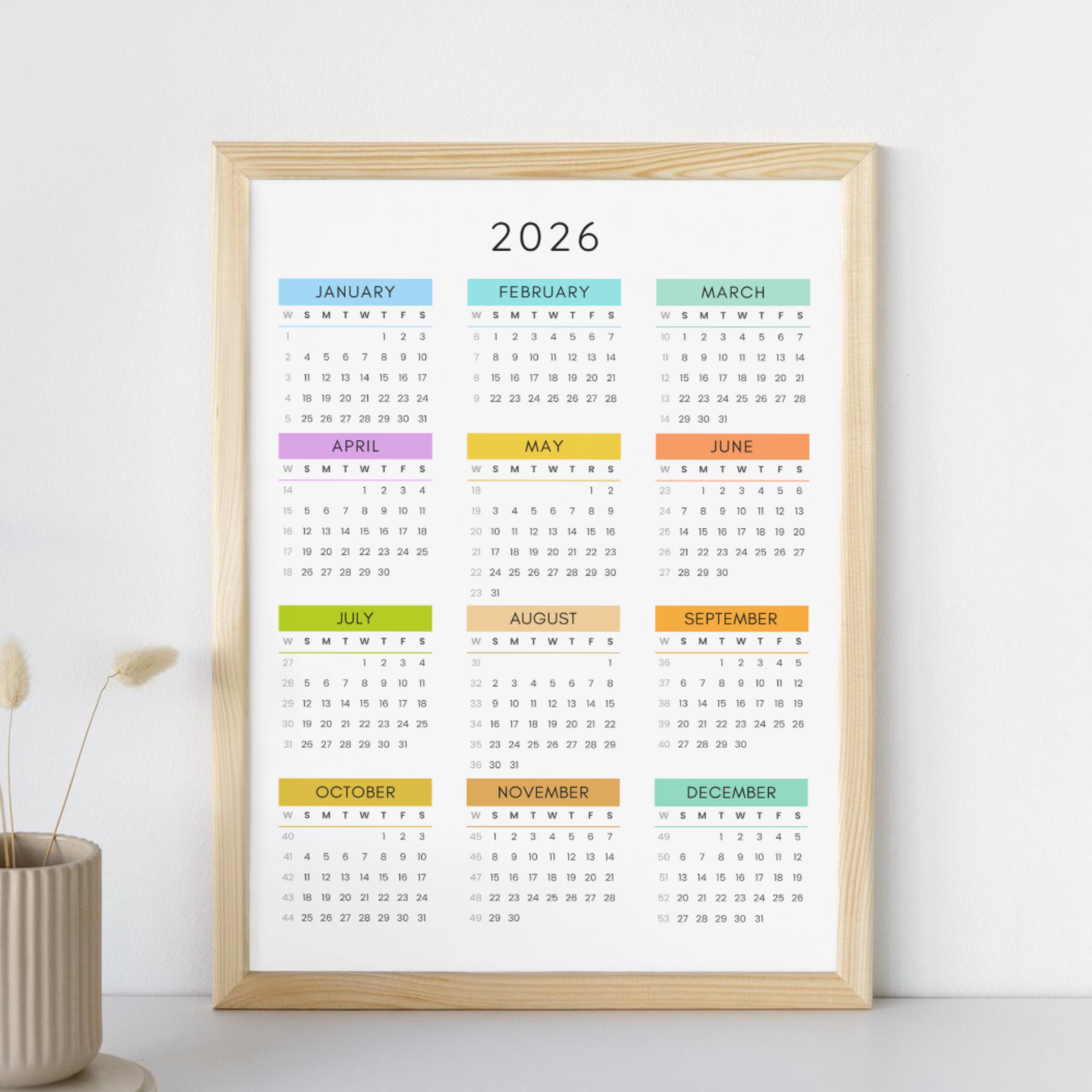 Kleurrijke portretkalender 2026 | A5, A4, A3, A2, US Letter, tabloid ...