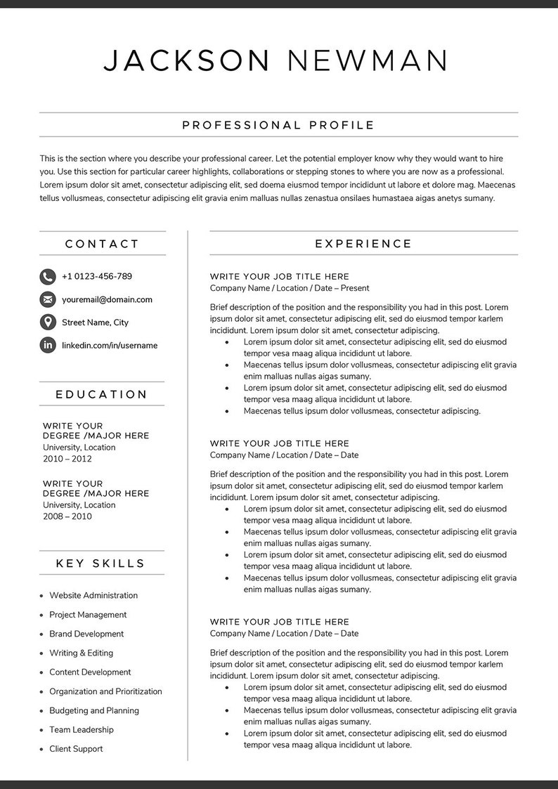Professional Resume Template for MS Word Google Docs 5 | Etsy