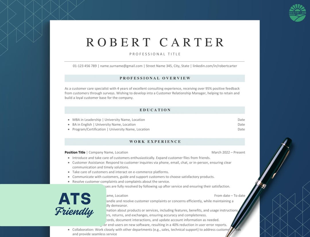 ATS Resume Template for Word, Pages, Google Docs | Modern Resume, Basic ...
