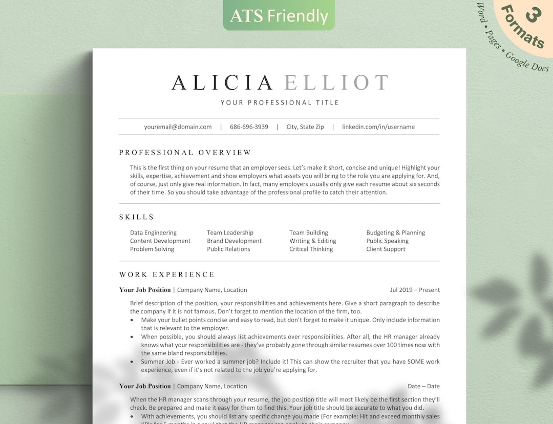 ATS Resume Template, Modern Professional CV (word, Pages, Google Docs ...