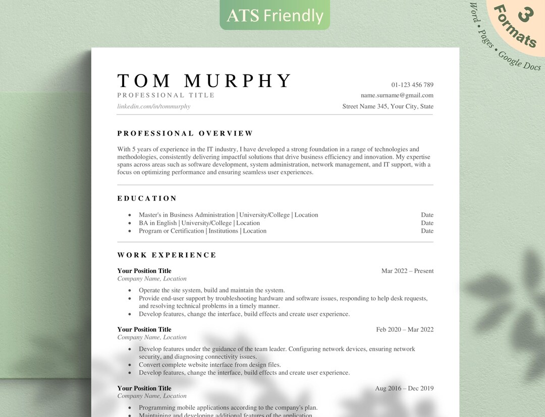ATS Resume Template: Modern, Simple CV for Word, Google Docs, Pages - Etsy