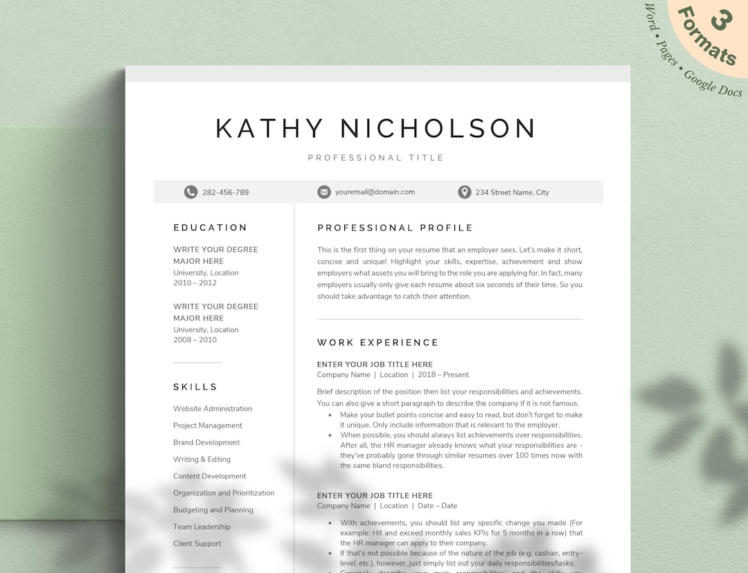 Modern Resume Template for Google Docs, Word and Pages | Professional ...