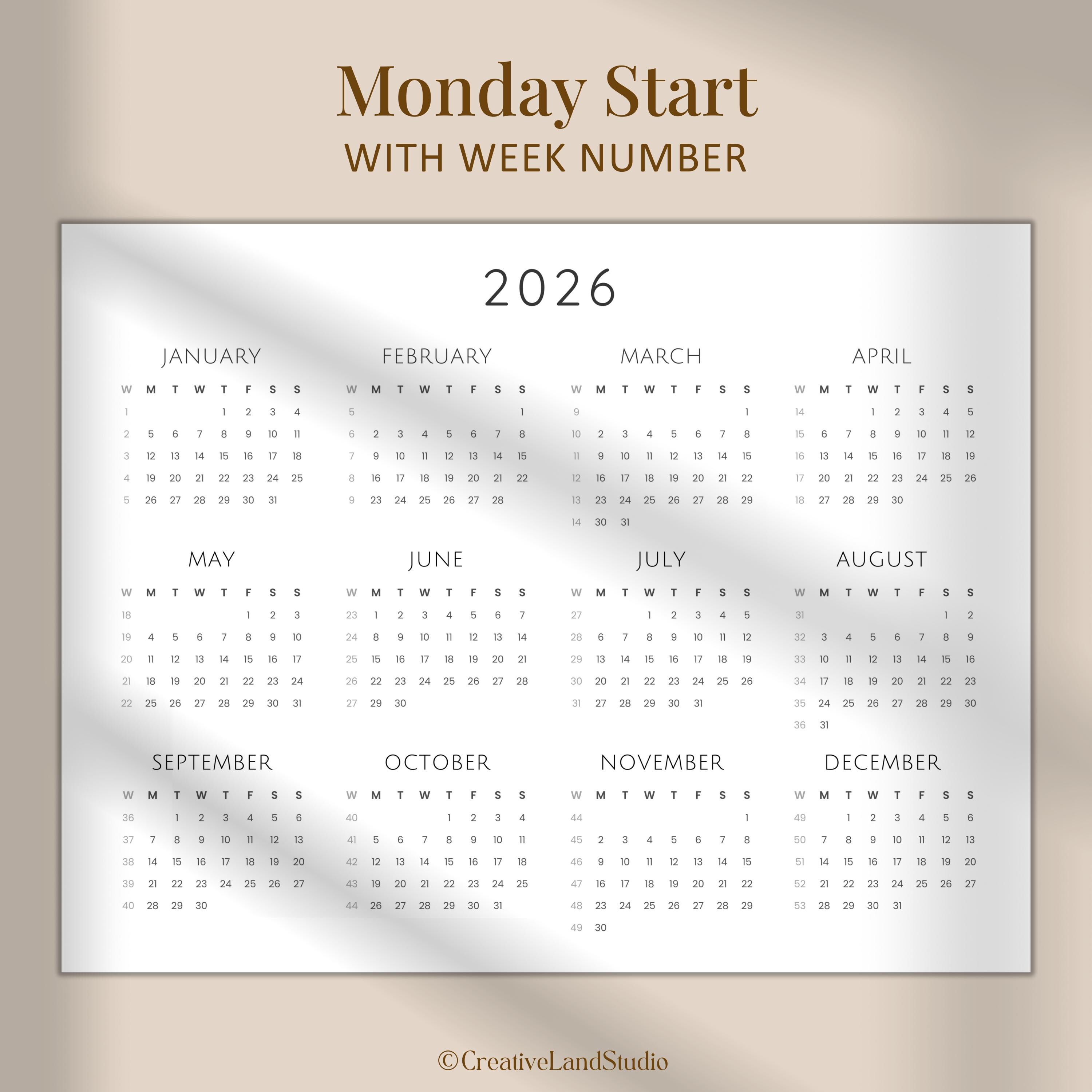 2026 Yearly Calendar | A5, A4, A3, A2, A1, US Letter, Tabloid | Monday ...