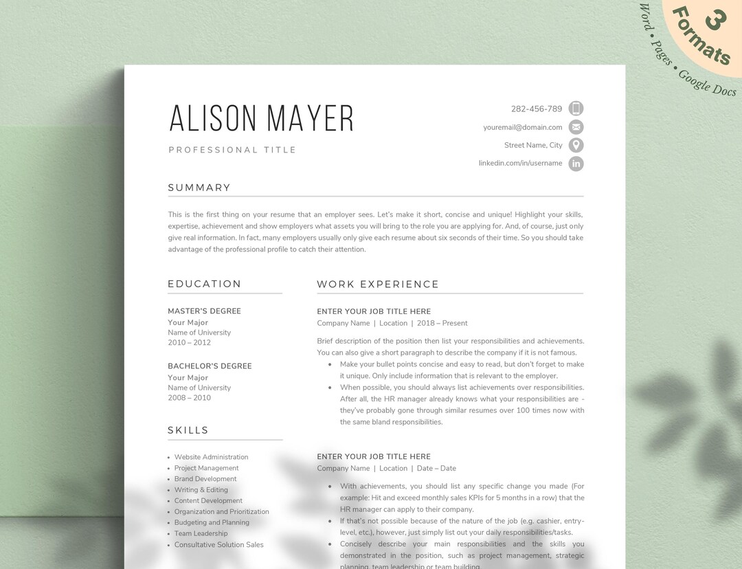 Modern Resume Template for Google Docs, Word & Apple Pages | Fully ...