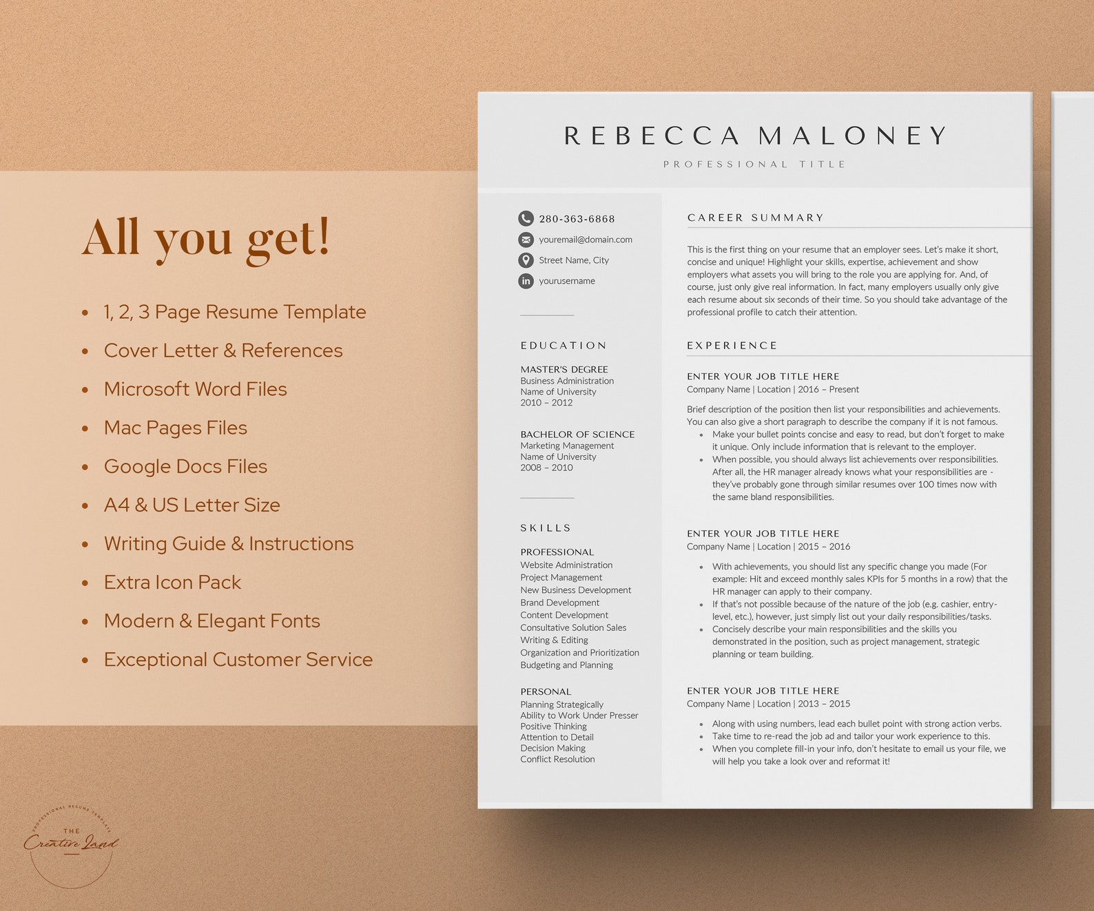 Professional Resume Template for GOOGLE Docs MS Word Pages - Etsy