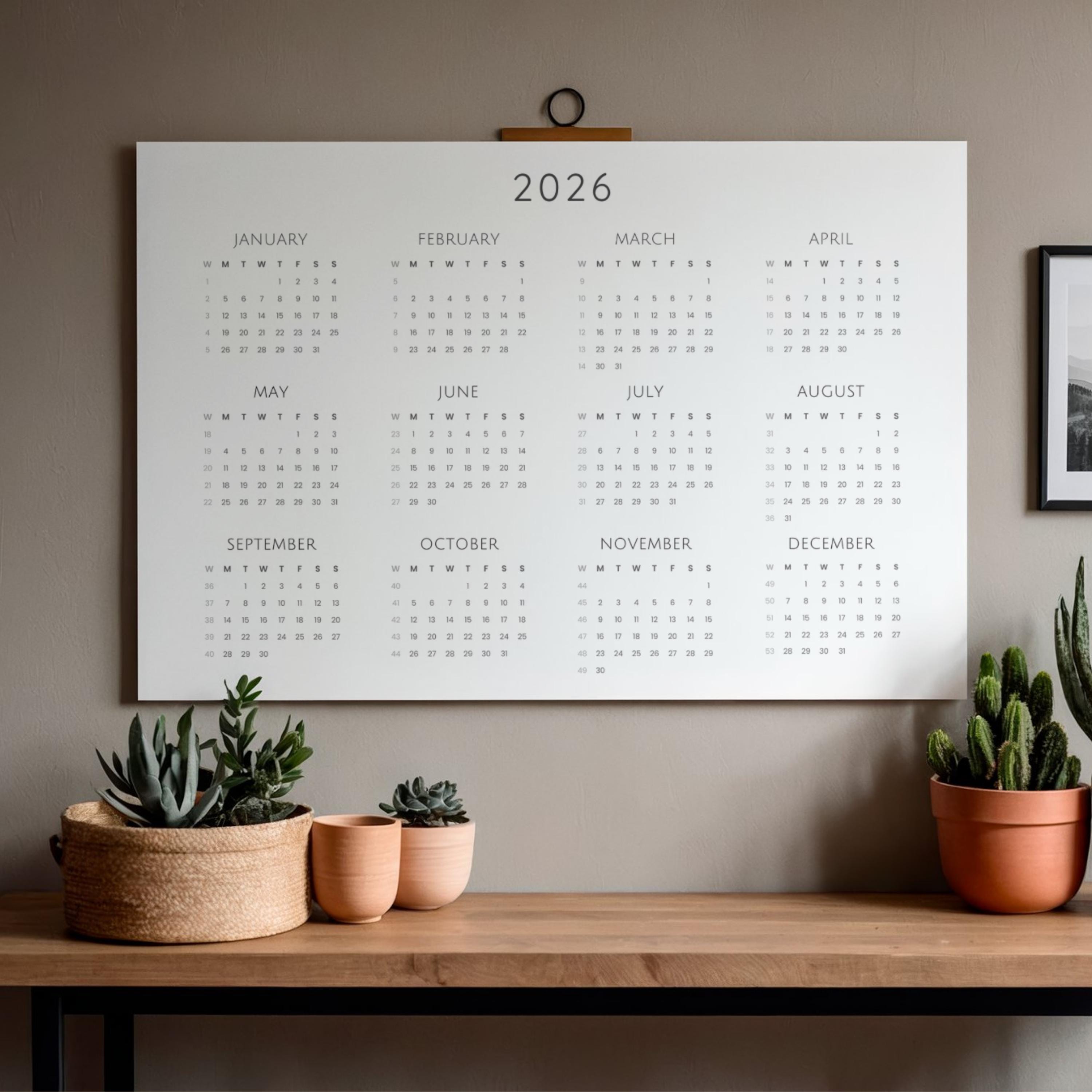2026 Yearly Calendar | A5, A4, A3, A2, A1, US Letter, Tabloid | Monday ...