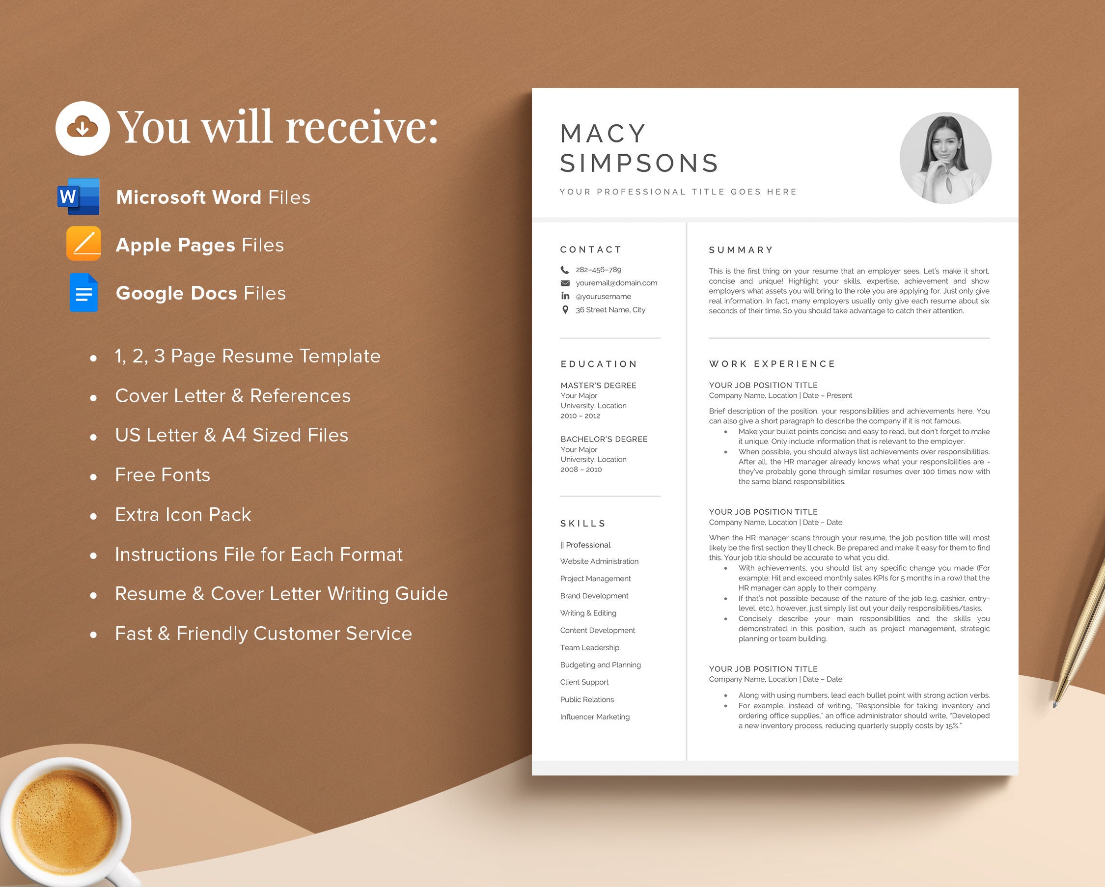 Modern Resume Template for Google Docs, Word, Pages 1-3 Page Resume ...