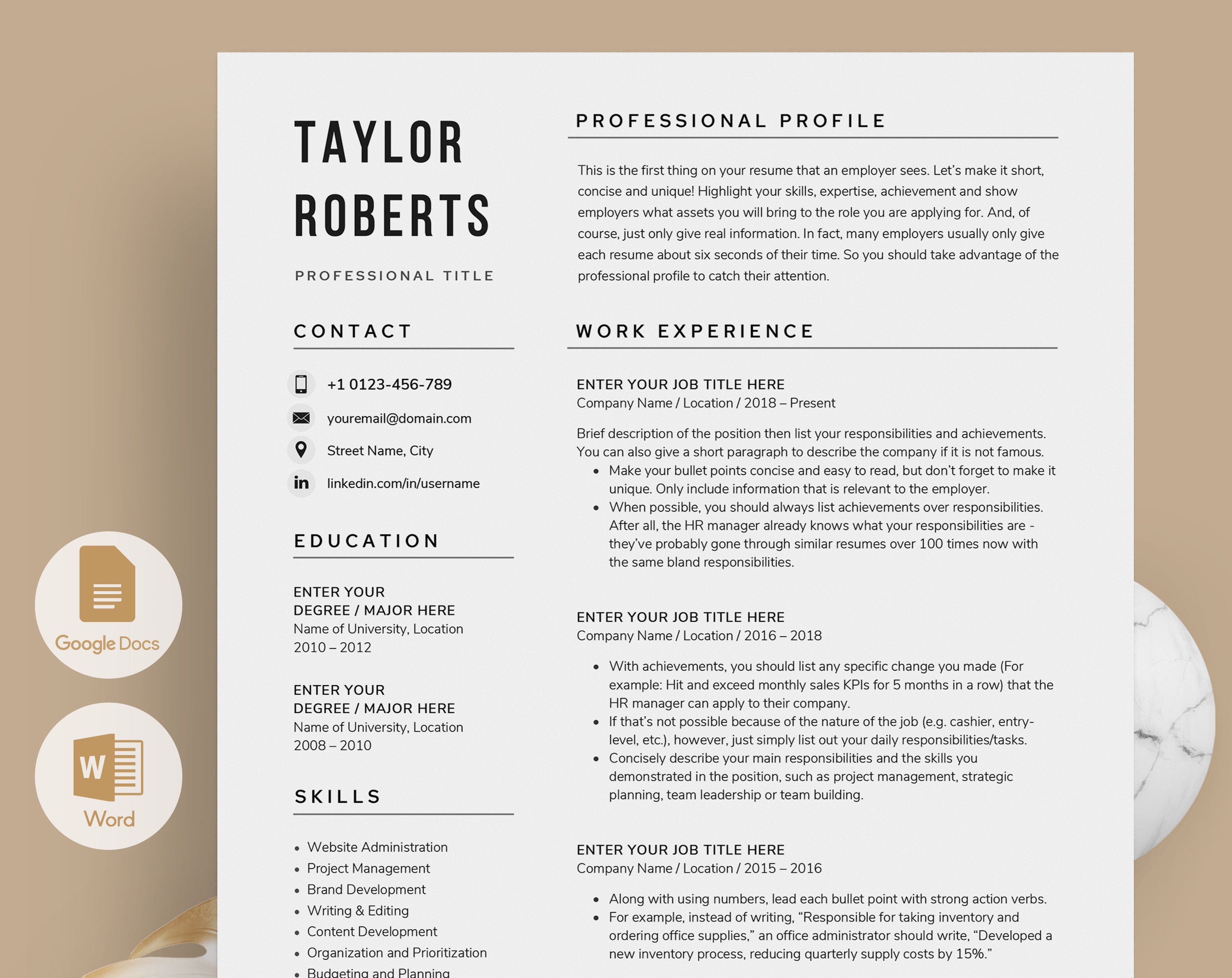 Professional Resume Template for Word & Google Docs Simple | Etsy