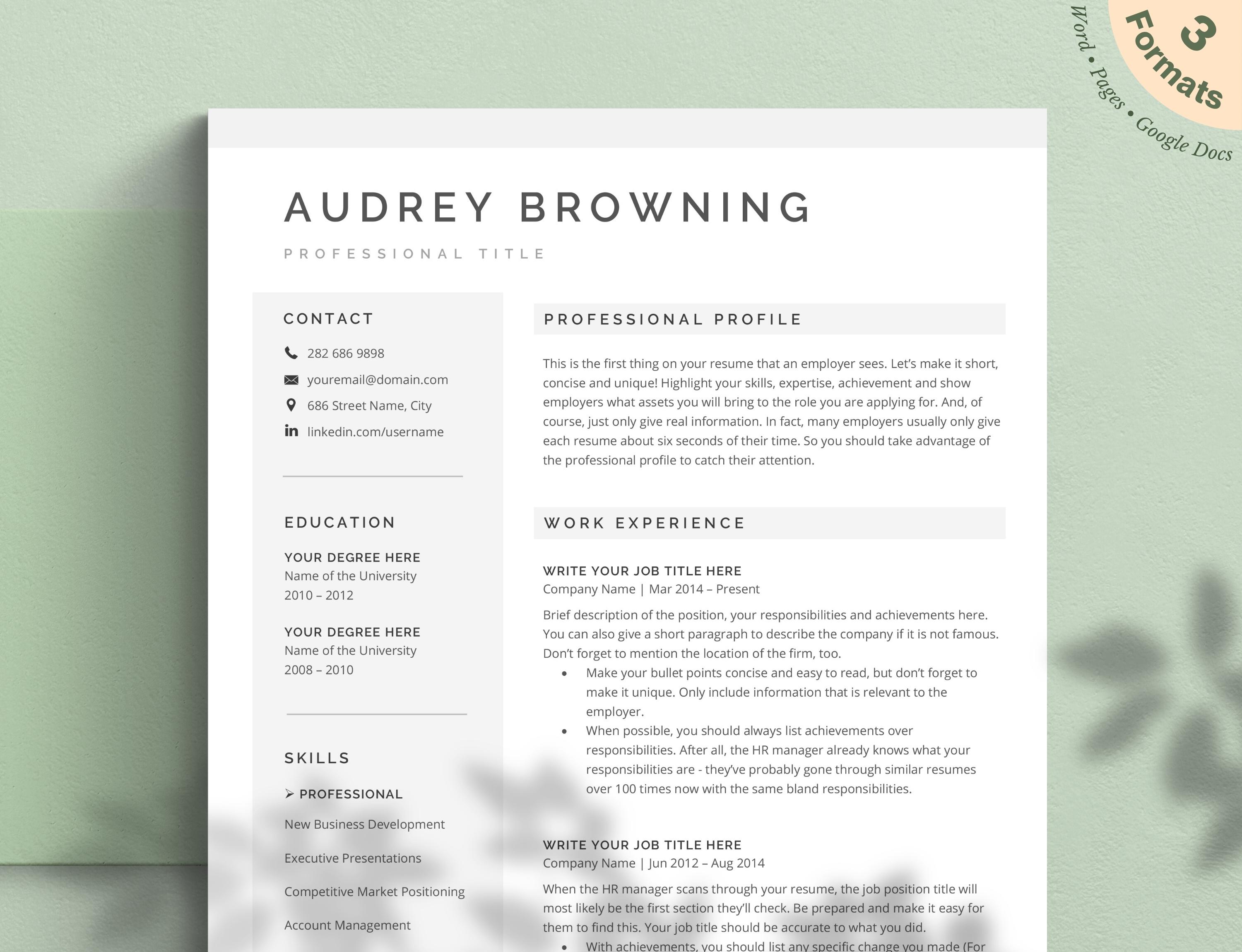 Modern Resume Template, Clean CV Design, Cover Letter (google Docs ...