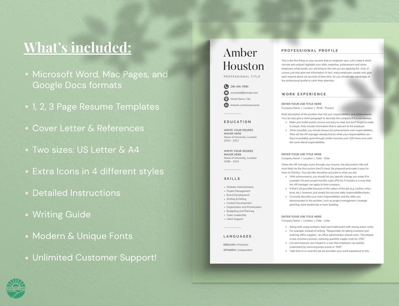 Resume Template for Word, Pages, Google Docs - Professional & Modern CV ...