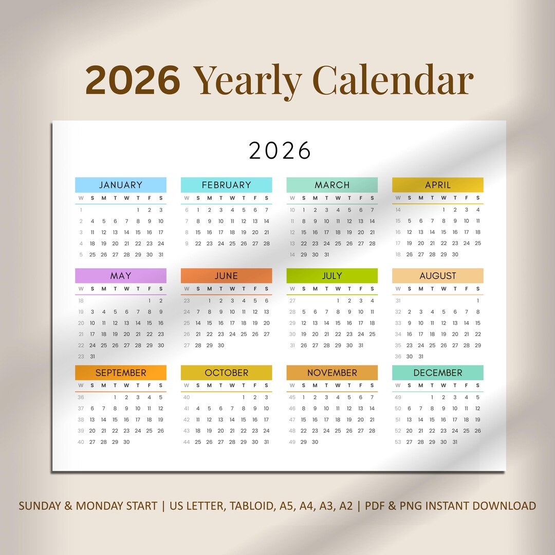 2026 Colorful Yearly Planner | A5, A4, A3, A2, US Letter, Tabloid ...