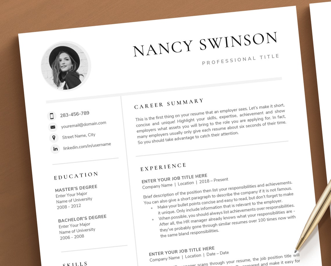 Professional Resume Template, Headshot Resume Template for Word, Pages ...