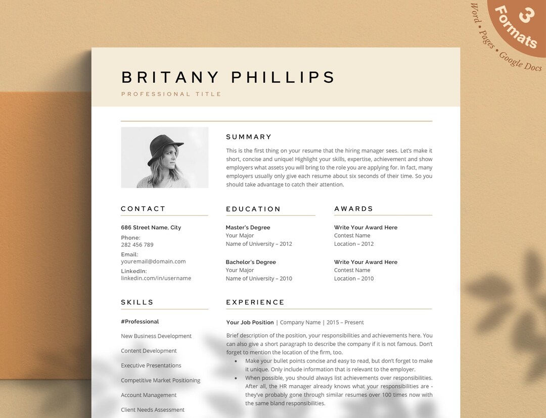 Headshot Resume Template for Word & Pages | Professional Resume With ...