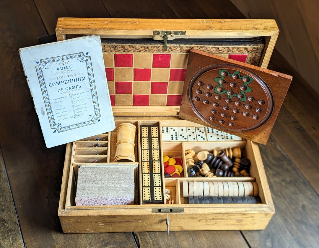 Antique Victorian New Parlor Games Compendium Game Box and Chess Set ...
