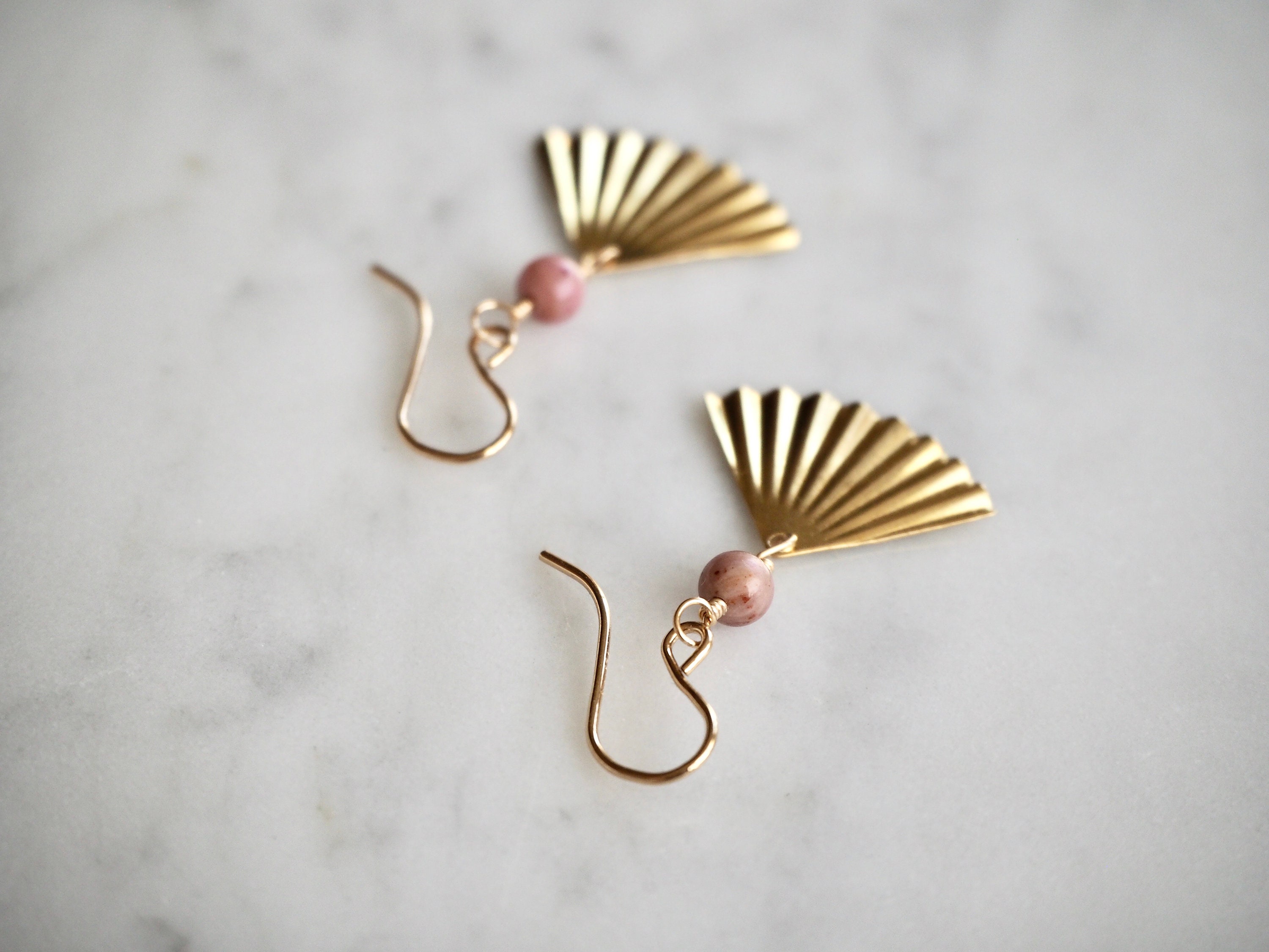 Dainty Gold Fan Earrings Boho Gold Fan Pink Gemstone | Etsy