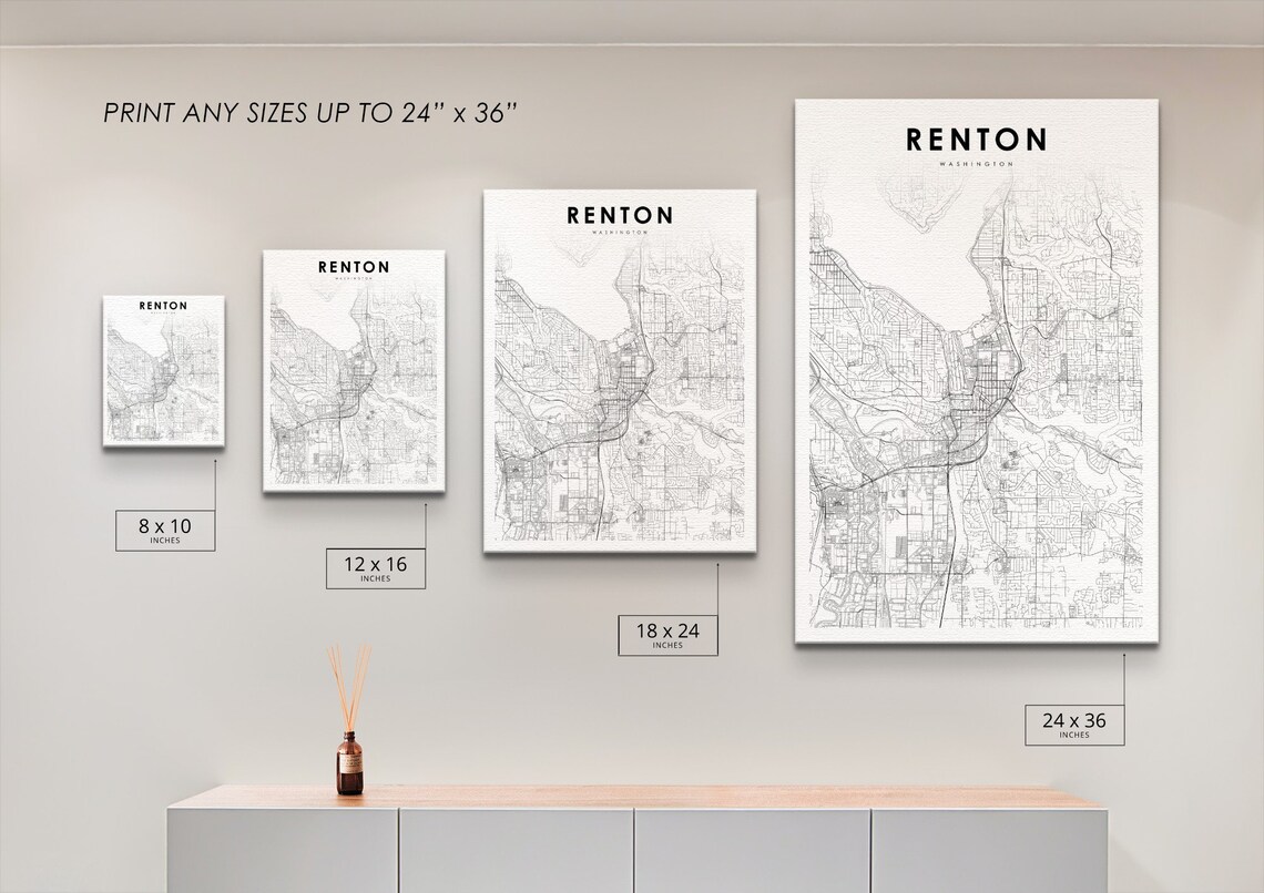 Renton WA Map Print, Washington USA Map Art Poster, City Street Road ...