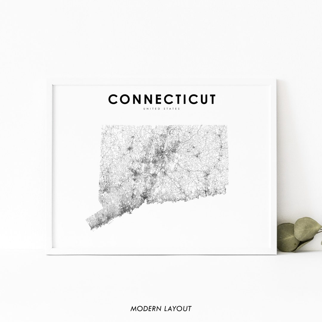 Connecticut Map Print, State Road Map Print, CT USA United States Map ...