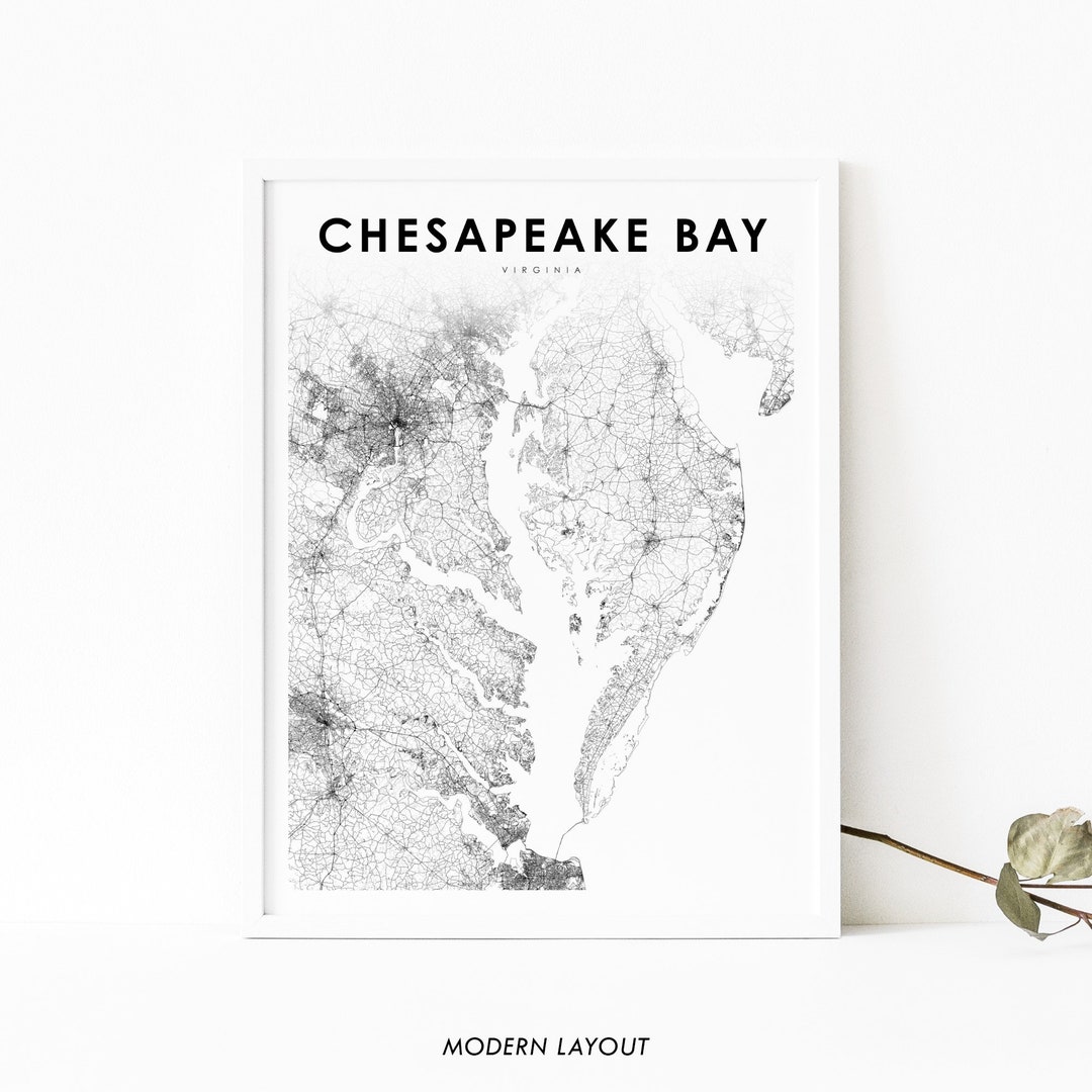Chesapeake Bay VA Map Print, Maryland Virginia USA Map Art Poster, City ...