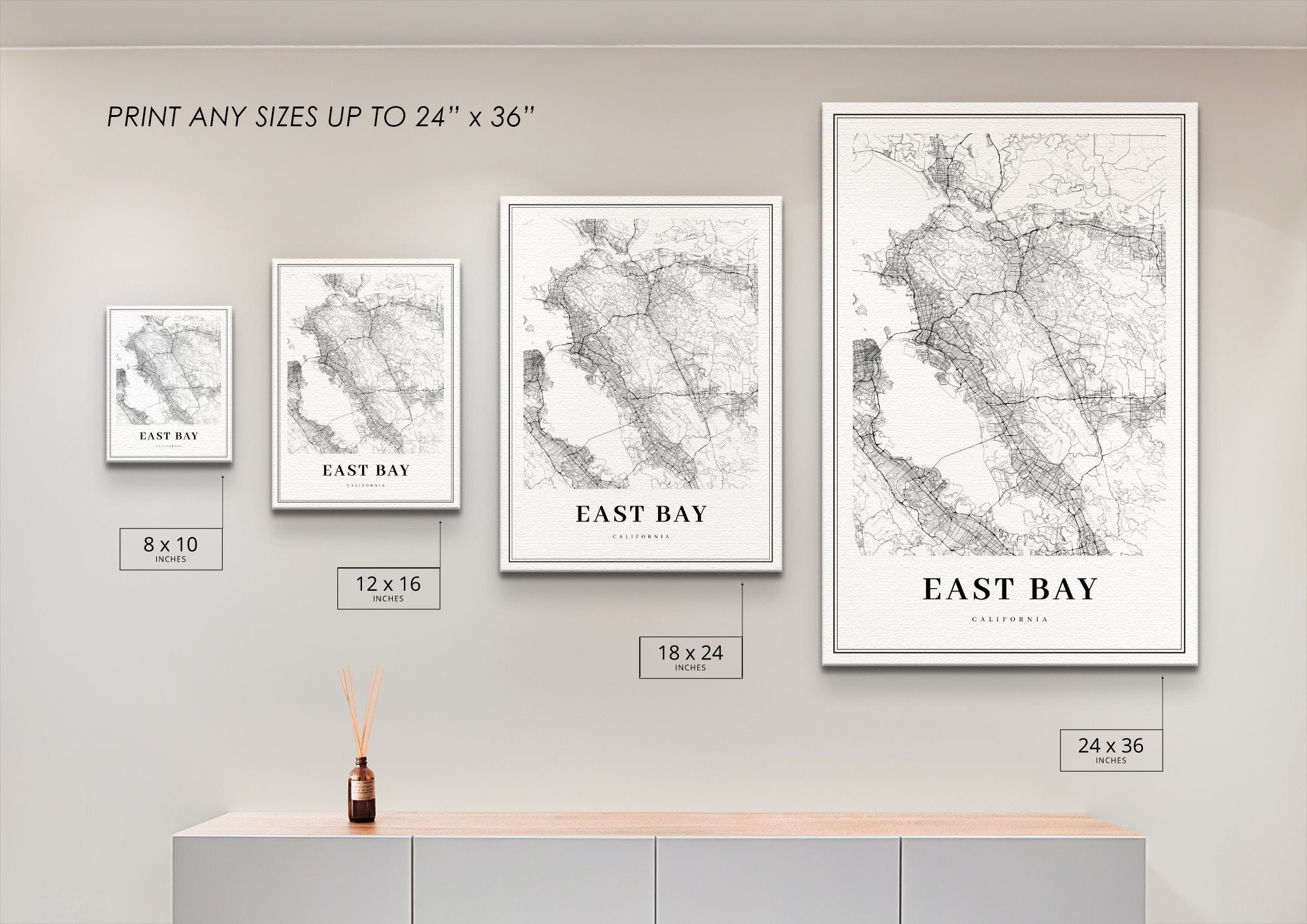 East Bay CA Map Print, California USA Map Art Poster, Bay Area, City ...