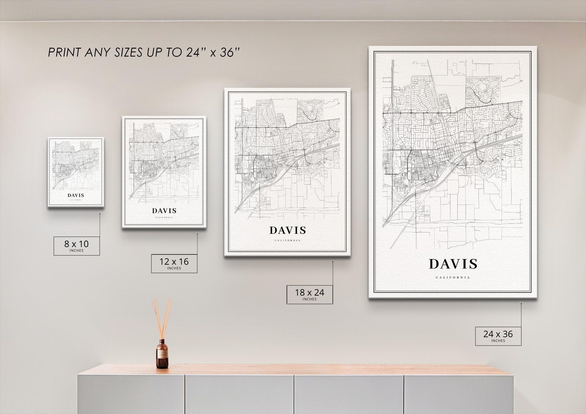 Davis CA Map Print, California USA Map Art Poster, Yolo County UCD City ...