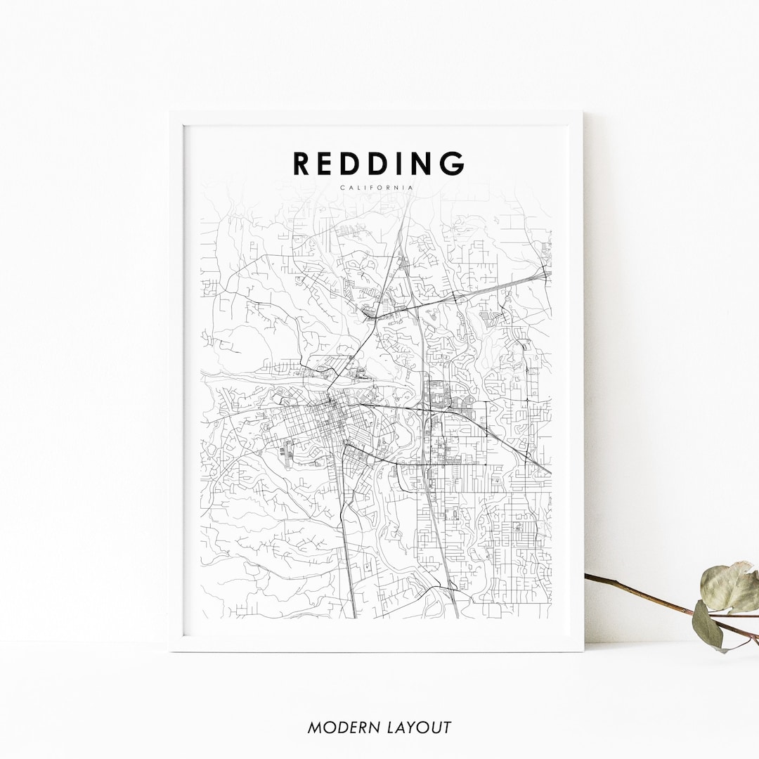 Redding CA Map Print, California USA Map Art Poster, Shasta County City ...