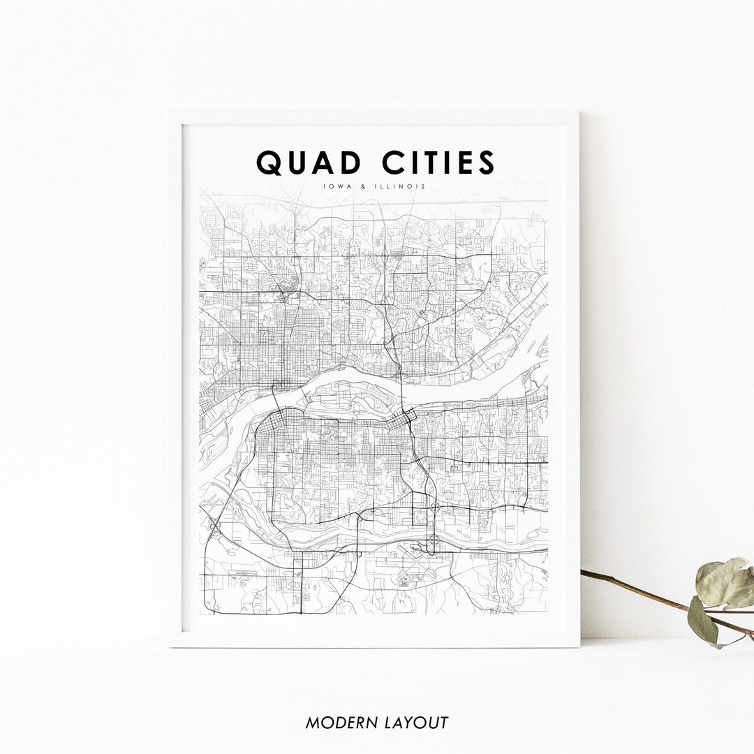 Quad Cities IA IL Map Print, Iowa Illinois USA Map Art Poster, City ...
