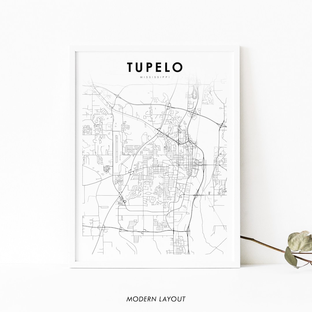 Tupelo MS Map Print, Mississippi USA Map Art Poster, Lee County, City ...