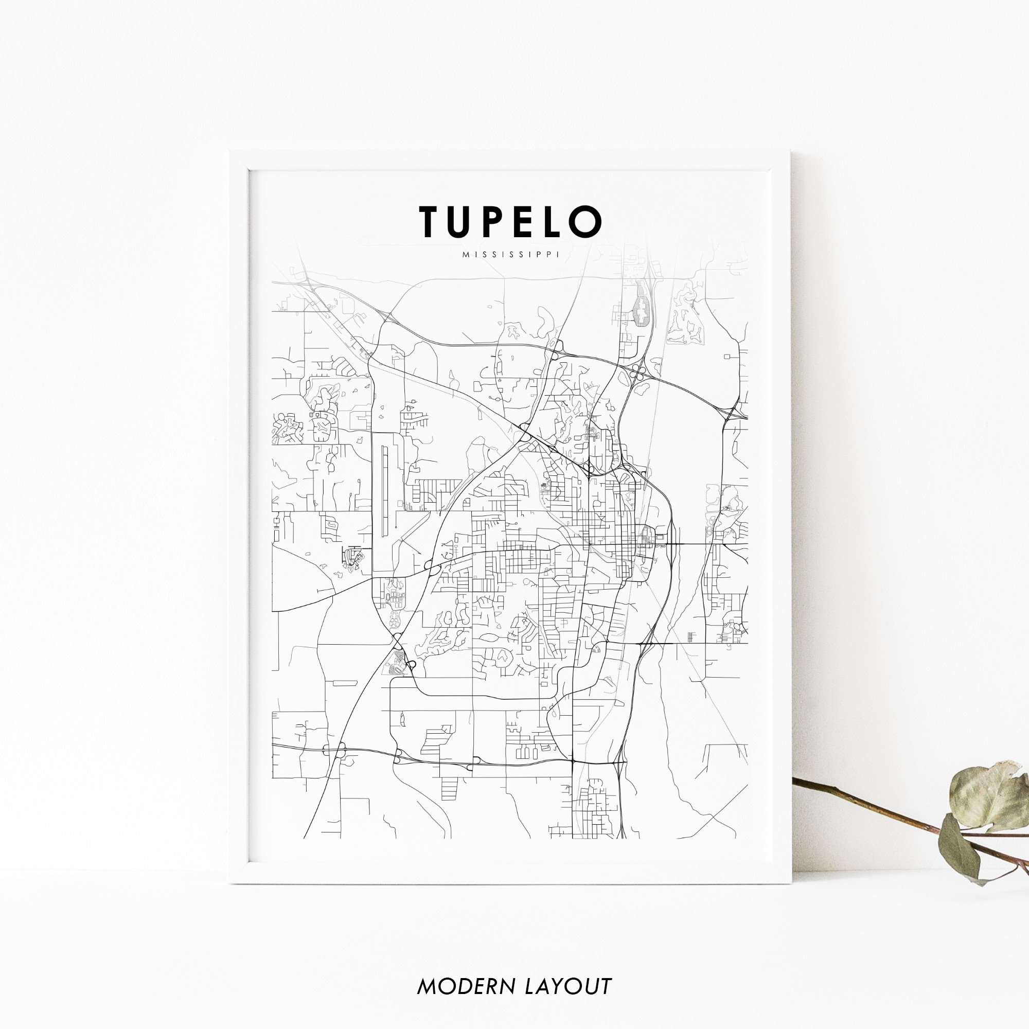Tupelo MS Map Print, Mississippi USA Map Art Poster, Lee County, City ...