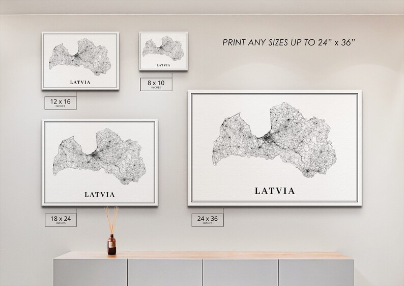 Latvia Map Print Country Road Map Poster Latvija Latvijas - Etsy