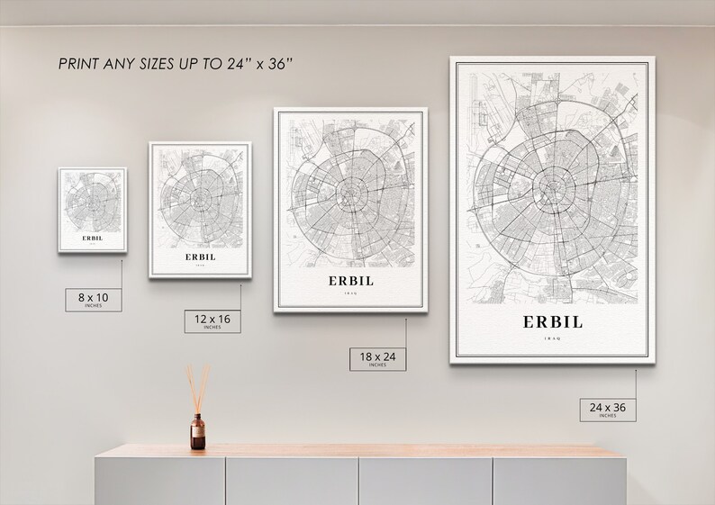 Erbil Iraq Map Print, Map Art Poster, أربيل Irbil Arbīl Hawler City ...