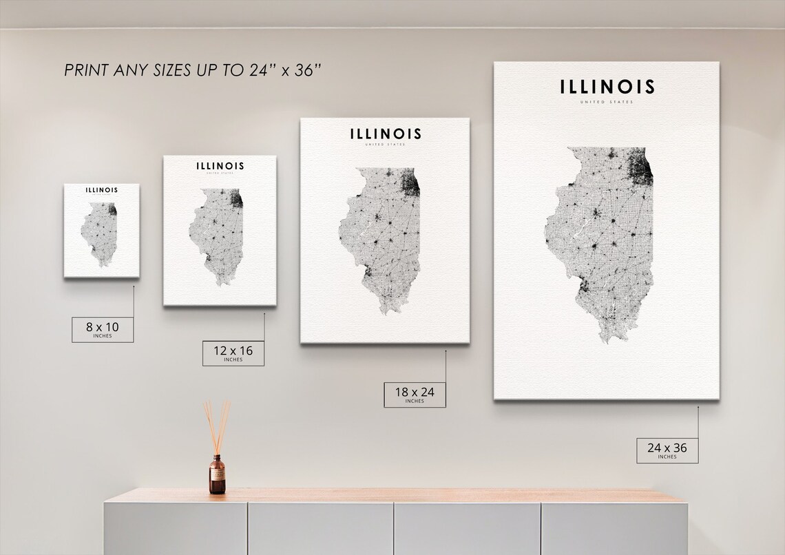 Illinois Map Print, State Road Map Print, IL USA United States Map Art ...