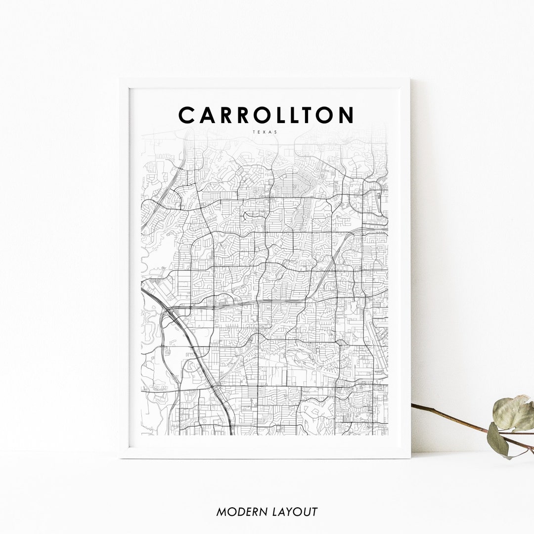 Carrollton TX Map Print, Texas USA Map Art Poster, Denton Dallas, City ...