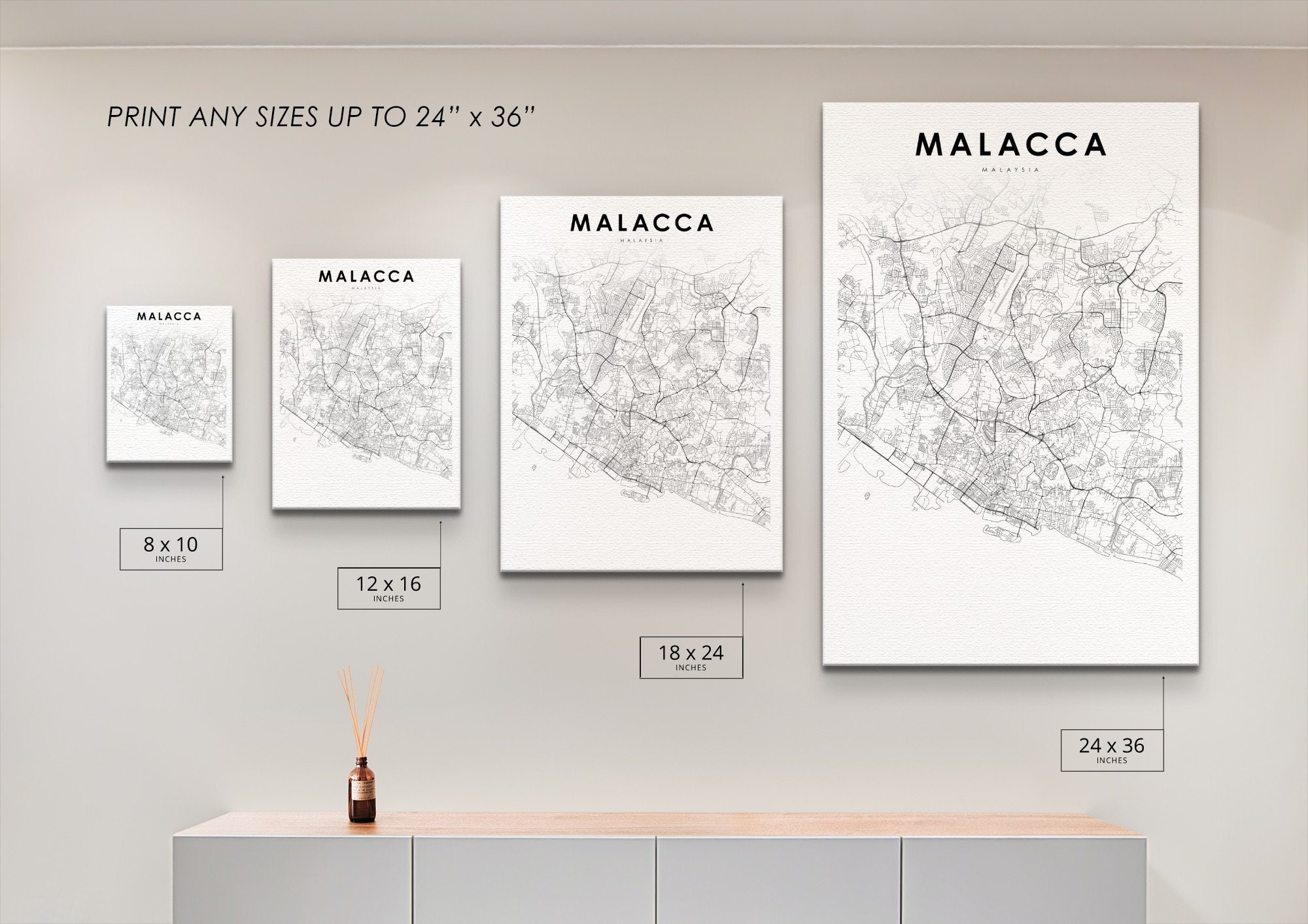 Malacca Malaysia Map Print, Map Art Poster, Bandaraya Melaka 马六甲市, City ...