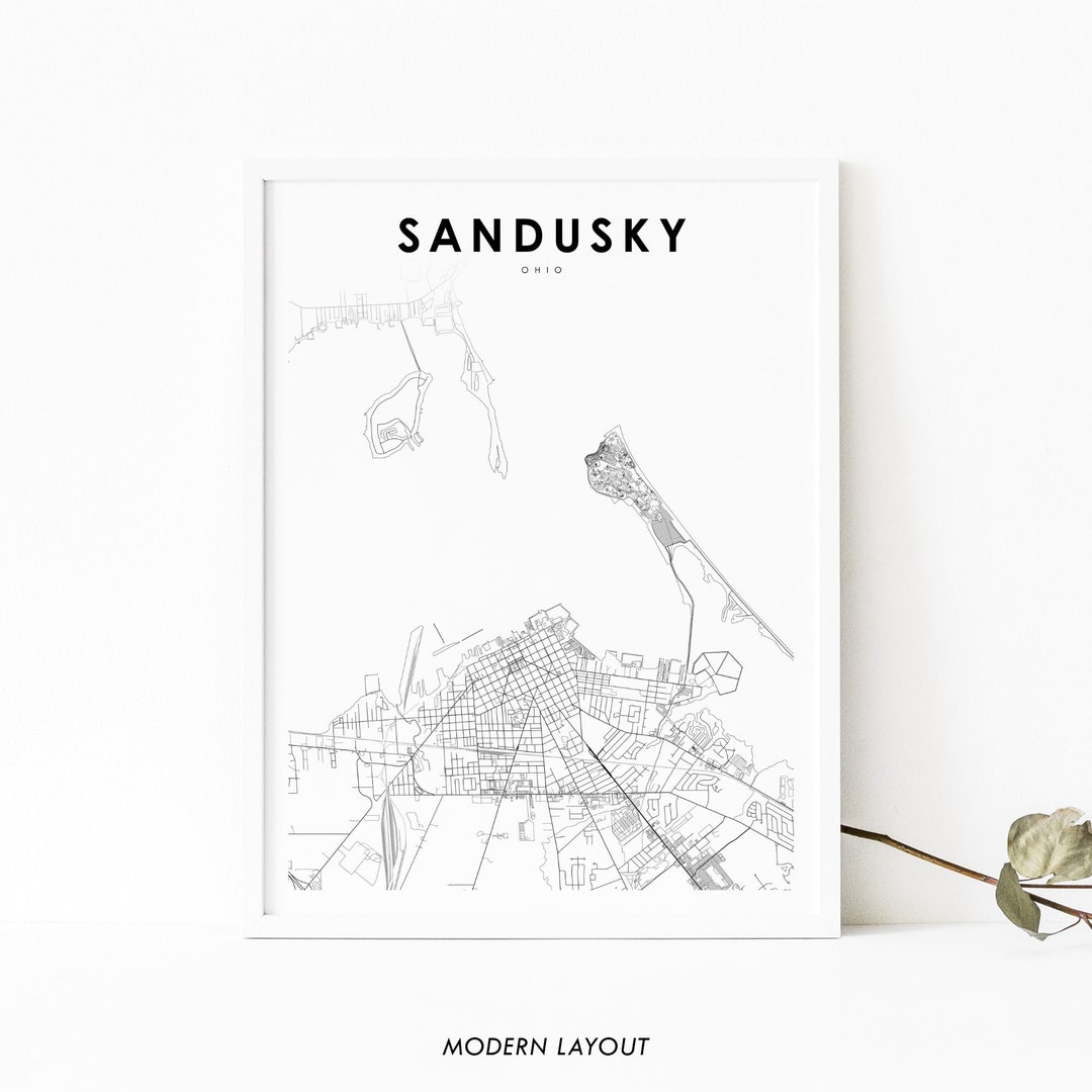 Sandusky OH Map Print, Ohio USA Map Art Poster, Lake Erie, City Street ...