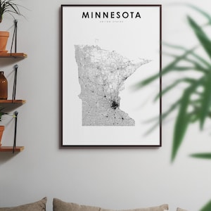 Minnesota Map Print, State Road Map Print, MN USA United States Map Art ...