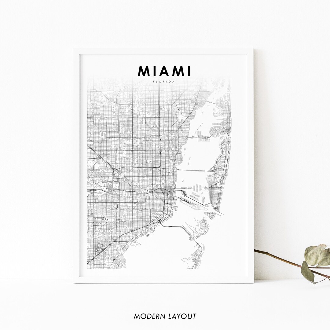 Miami FL Map Print, Florida USA Map Art Poster, City Street Road Map ...