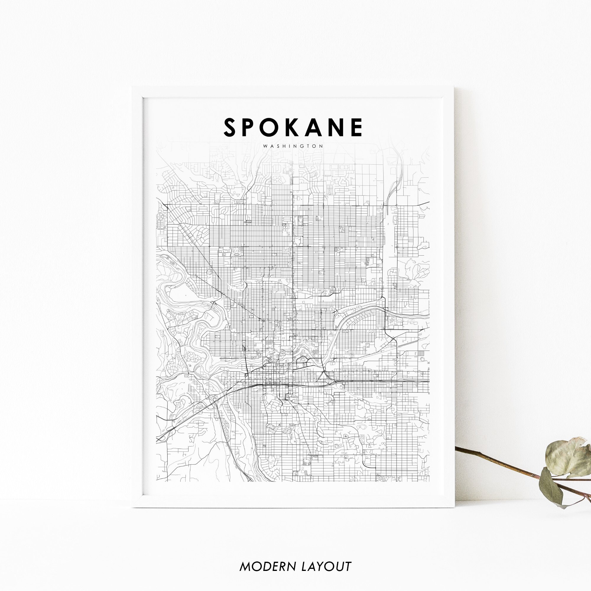 Spokane WA Map Print, Washington USA Map Art Poster, City Street Road ...