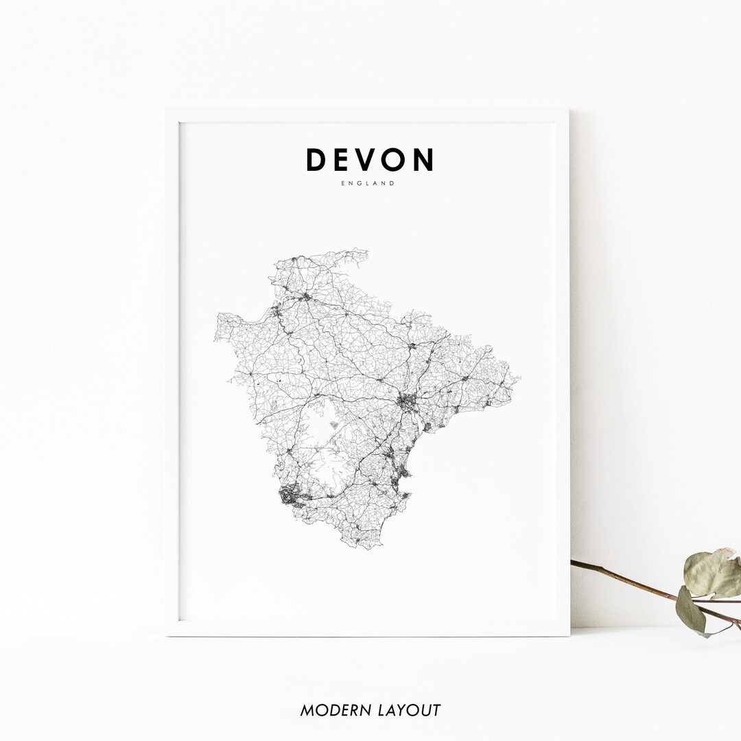 Devon England Map Print, UK United Kingdom Road Map Art Poster, Exeter ...