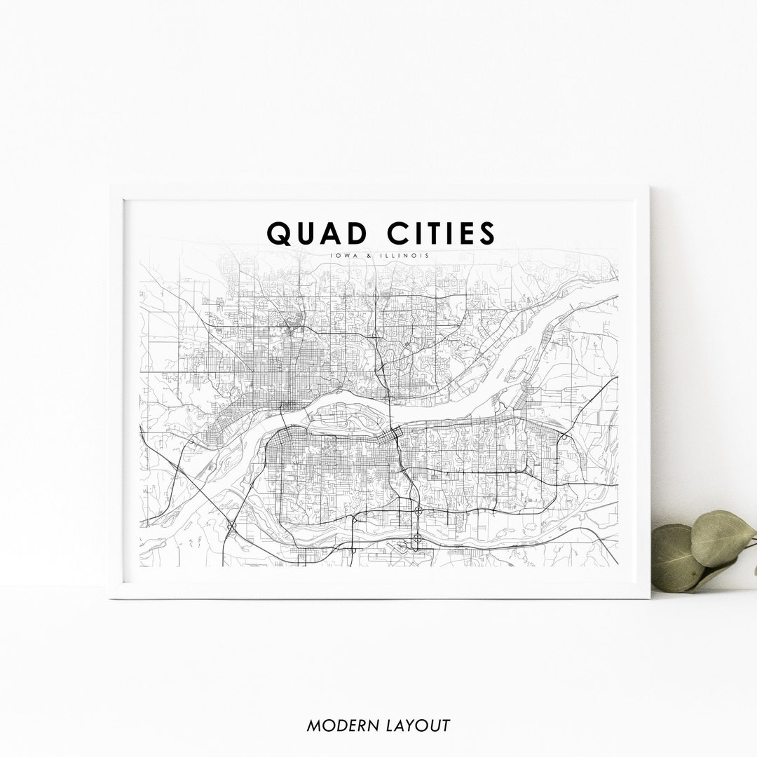 Quad Cities IA IL Map Print, Iowa Illinois USA Map Art Poster, City ...