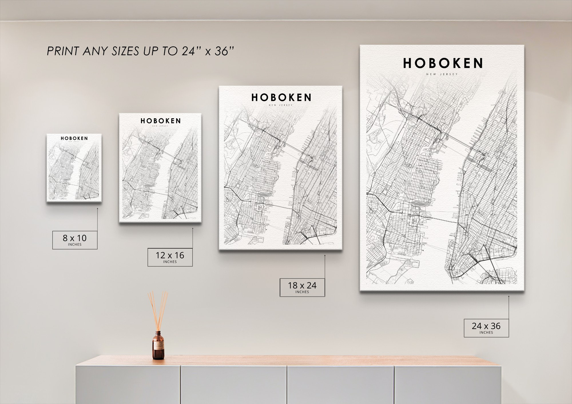 Hoboken NJ Map Print, New Jersey USA Map Art Poster, Hudson County City ...