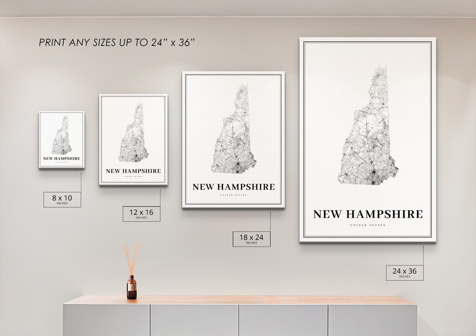 New Hampshire Map Print, State Road Map Print, NH USA United States Map ...