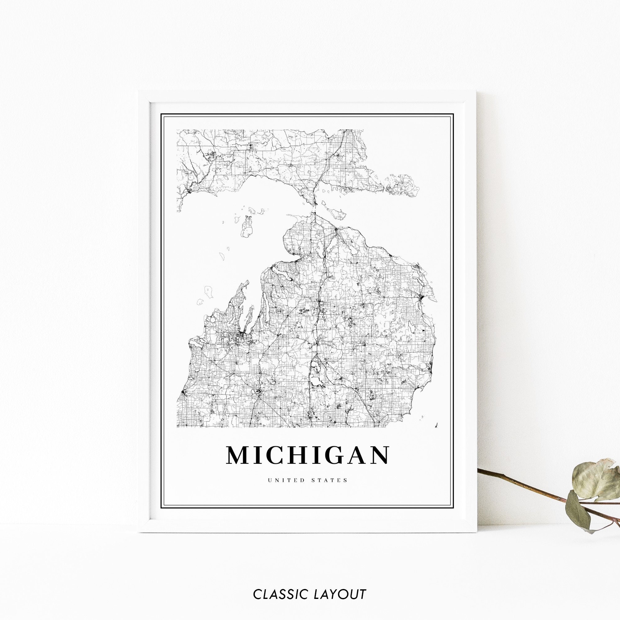 Northern Michigan Map Print, State Road Map Print, MI USA United States ...