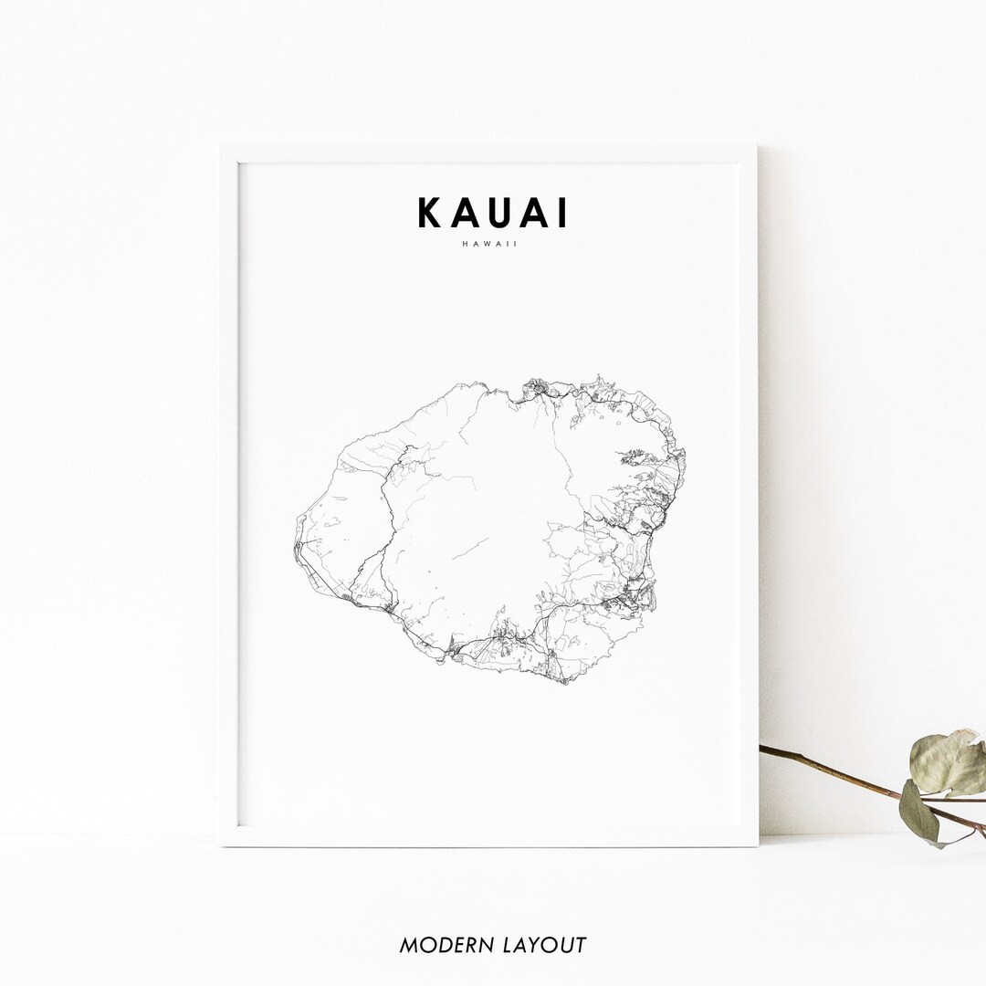 Kauai HI Map Print, Hawaii USA Map Art Poster, Kauaʻi Hawaiian City ...