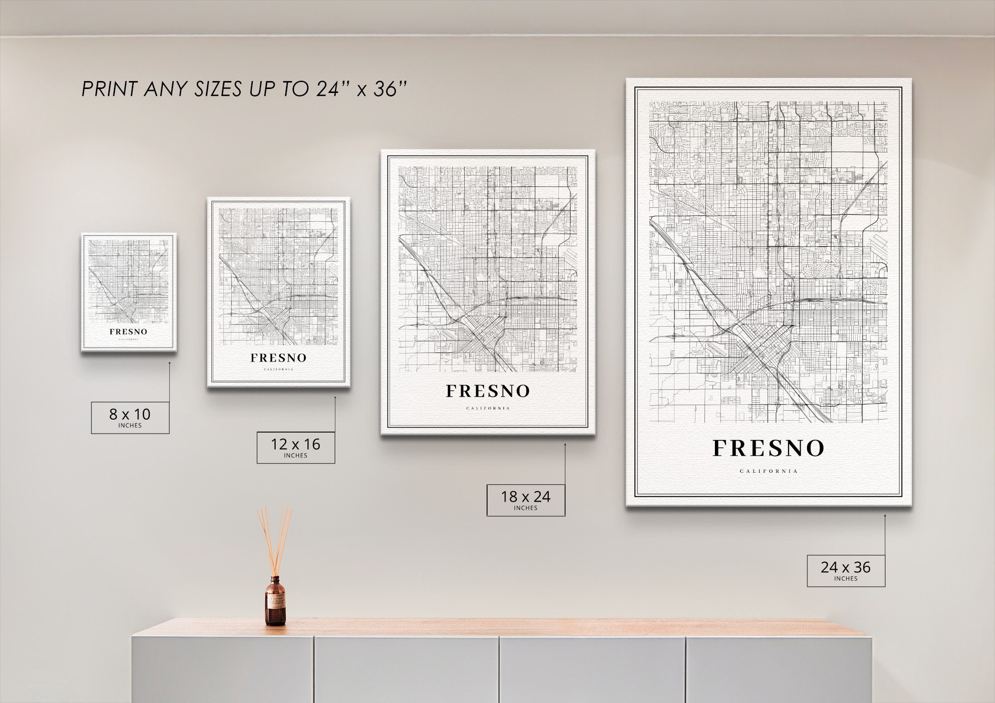 Fresno CA Map Print, California USA Map Art Poster, City Street Road ...