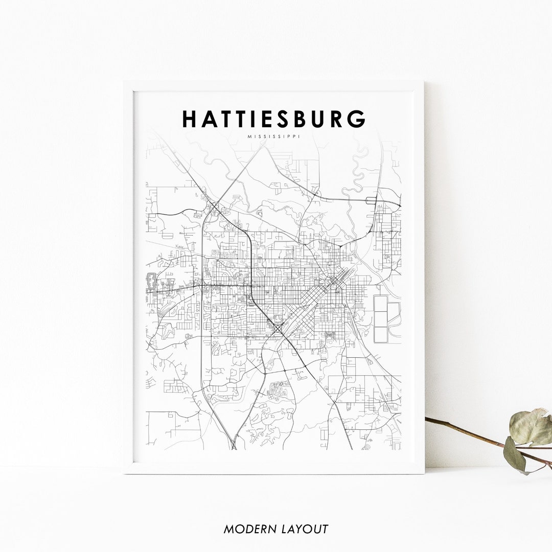 Hattiesburg MS Map Print, Mississippi USA Map Art Poster, Forrest, City ...